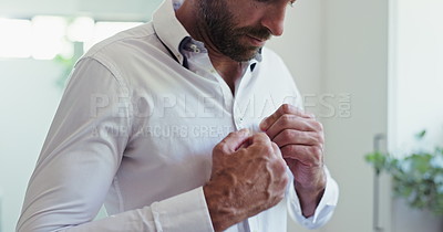 Man, dressing and ready with suit in bathroom for morning routine ...