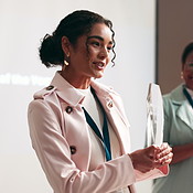 Business woman, applause or trophy with award for thank you ...