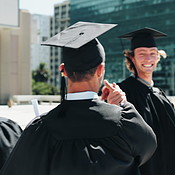 Smile, students and handshake at graduation outdoor with hug, diploma ...