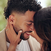 Love, forehead touch and couple in park for bonding, dating and ...