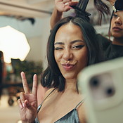 Influencer, selfie and model in studio for photoshoot, interview or ...