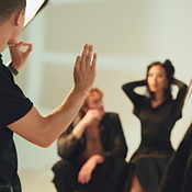 Photography, high five and planning with people in studio for success ...