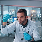 Man, scientist and beaker with chemical for forensic discovery ...
