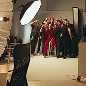 Group, people and photography photoshoot in studio, backstage crew ...