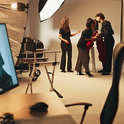 People, photographer and model photoshoot in backstage for casting ...