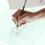 Drawing, sketch and man with design for car, vehicle and automobile ...