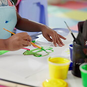Hands, student and painting art in classroom with creative lesson ...