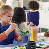 Girl, student and painting fingers in class with art lesson, identity ...