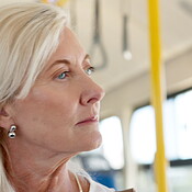 Thinking, travel and woman in bus, journey and commuting to work in ...