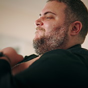 Man, stress and stretching in home with shoulder pain, muscle tension ...