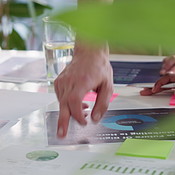 Hands, charts and business people in office, documents and review for ...