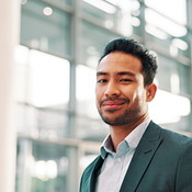 Businessman, face and wink with thumbs up, confidence and walk for ...