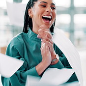 Business woman, paper throw and celebration for success, applause and ...