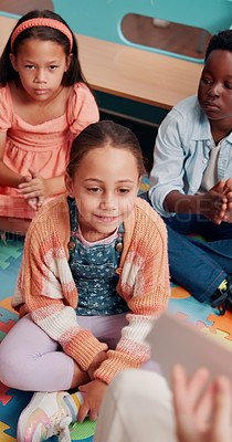 Hands, teacher and flash cards with kids in classroom for creative ...