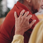 Old couple, hands and support with comfort in home for grief, loss and ...