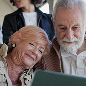 Bus, senior couple and smile with tablet for streaming service, map ...