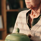 Ashes, sadness and thinking with senior woman in retirement home for ...
