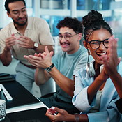 High five, computer and business people with applause, celebration and ...