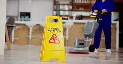 Janitor, person and caution sign with hygiene service, wet floor and ...