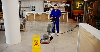 Janitor, man and office with caution sign, hygiene service and wet ...