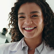 Face, scientist and woman with smile, lab or confident for breakthrough ...