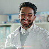 Face, scientist and man with smile, healthcare and confident for ...
