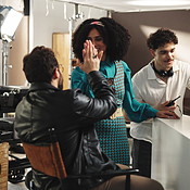 Filming, movie and director with actor on set for scene rehearsal ...