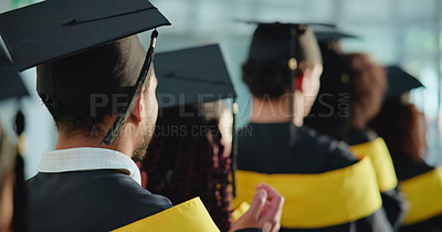 Man, students and applause at graduation ceremony for education ...