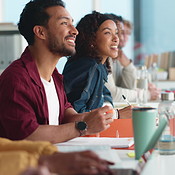 Laugh, college and students in classroom for learning, study notes and ...