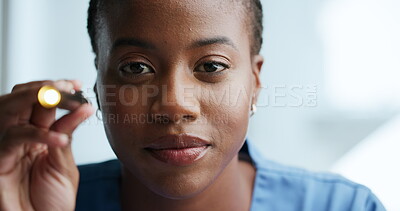 Light, eye test and medical with face of black woman for pupil reflex ...