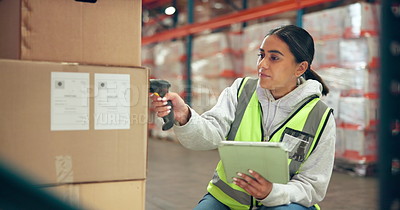 Woman, tablet and barcode scanner at warehouse for logistics, stock and ...