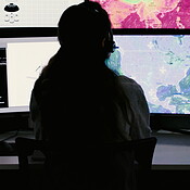 Computer screen, reading and back of woman in control room for climate ...