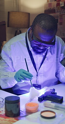 Brush, evidence and fingerprints with black man in police station for ...