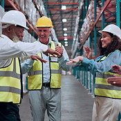 Logistics, group and happy with dancing in warehouse for team building ...