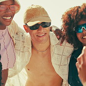 Happy, hug and friends at beach with photo for memory on holiday ...