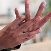 Keyboard, injury and businessman in office with hand pain, arthritis or ...