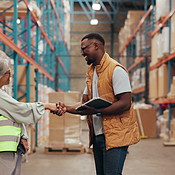 People, handshake and tablet for stock in warehouse with supply chain ...