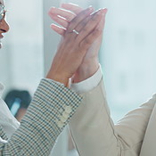 Employees, high five and women with tablet, office and performance ...
