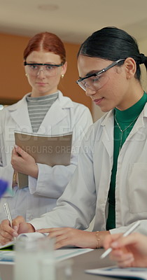 Students, girl and writing in classroom with experiment for learning ...