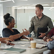 Business people, meeting and handshake in boardroom for introduction ...